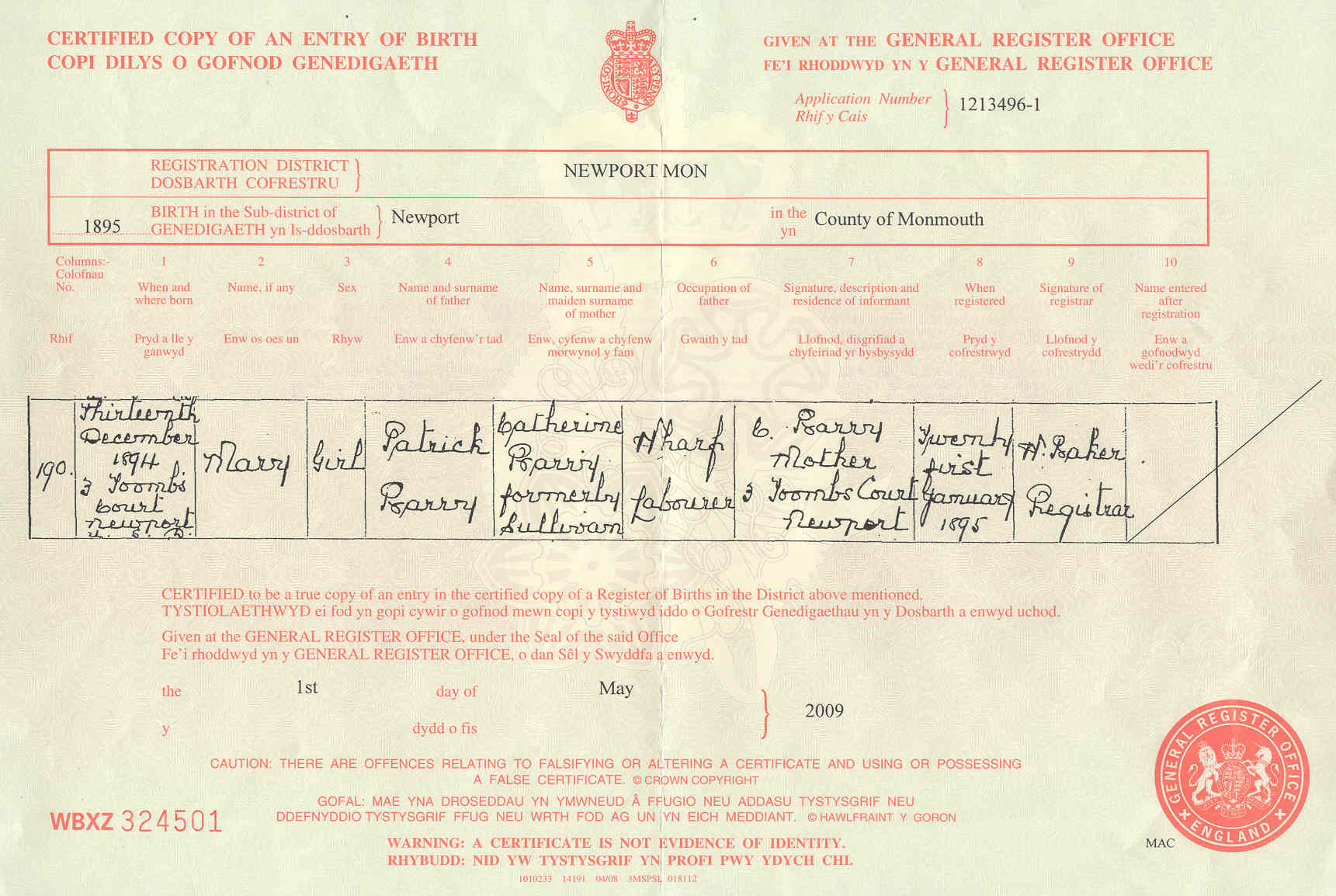 Mary Barry Birth, 1894